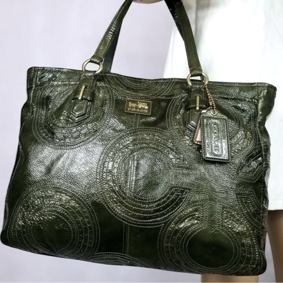 Coach | Bags | Coach Logo Olive Green Patent Leather Tote Bag Authentic ...